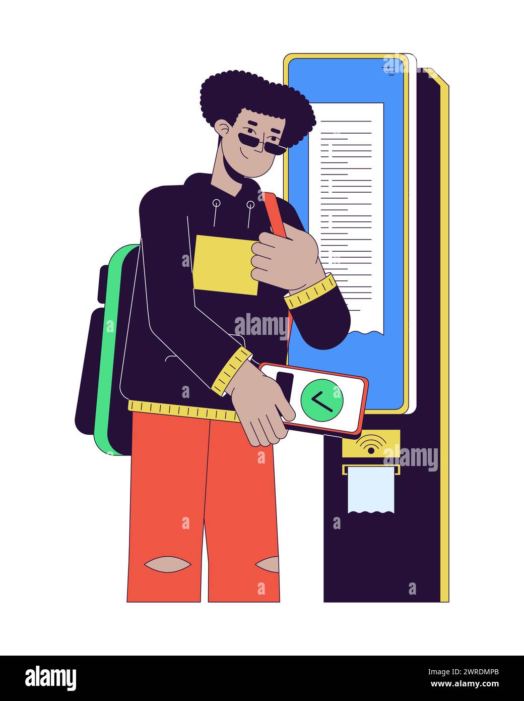 Hispanic guy paying for ticket with NFC technology 2D linear cartoon ...