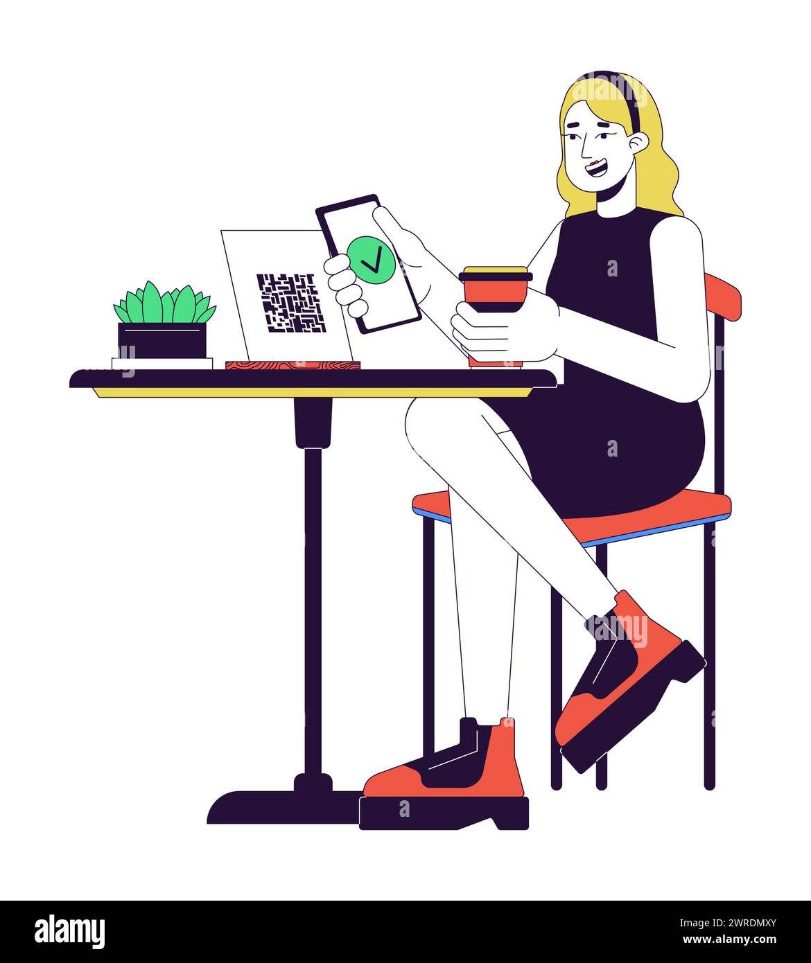 Female cafe customer scanning qr code 2D linear cartoon character Stock ...