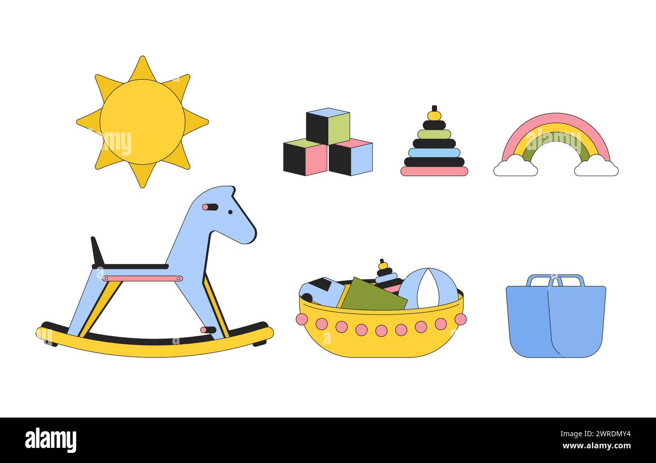 Childhood toys 2D linear cartoon objects set Stock Vector Image & Art ...