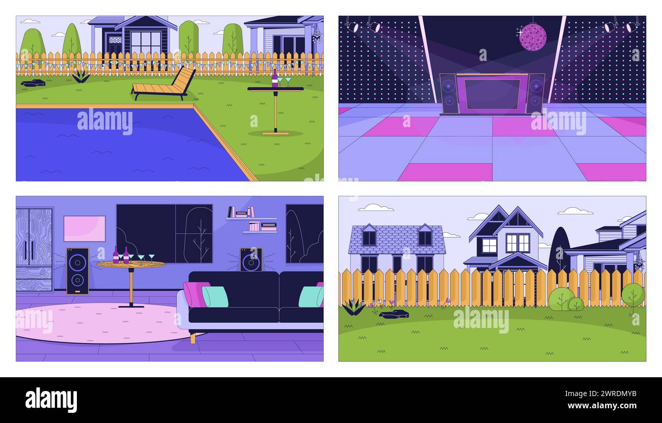 Party celebration locations cartoon flat illustration set Stock Vector ...