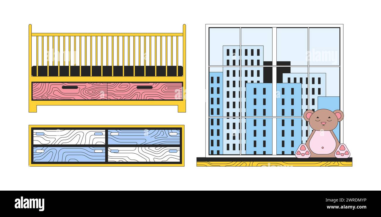 Nursery Furniture 2d Linear Cartoon Objects Set Stock Vector Image And Art Alamy