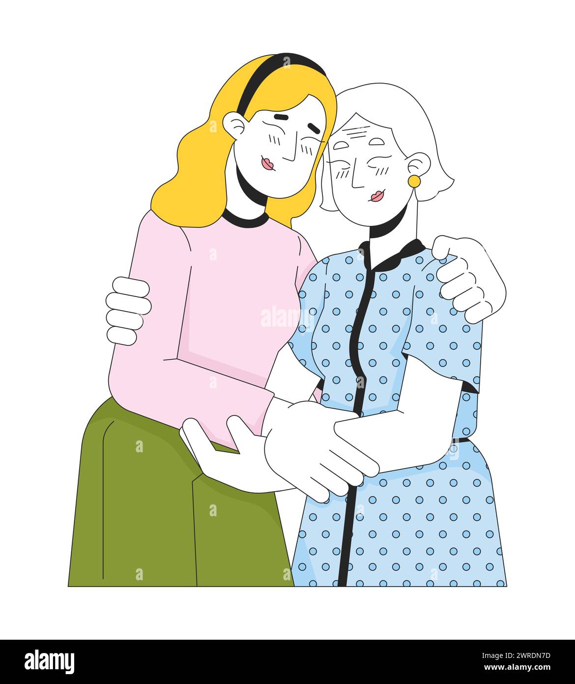 Caucasian elderly mother daughter hugging 2D linear cartoon characters ...