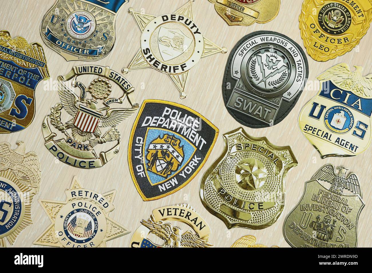 KYIV, UKRAINE - MARCH 9, 2024 Badges of different United States police ...