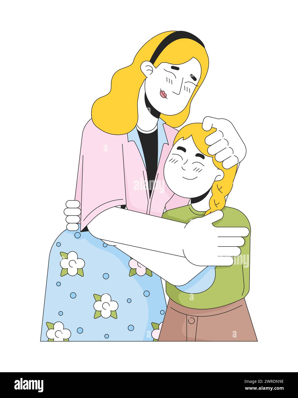 Single mother young girl embracing 2D linear cartoon characters Stock ...