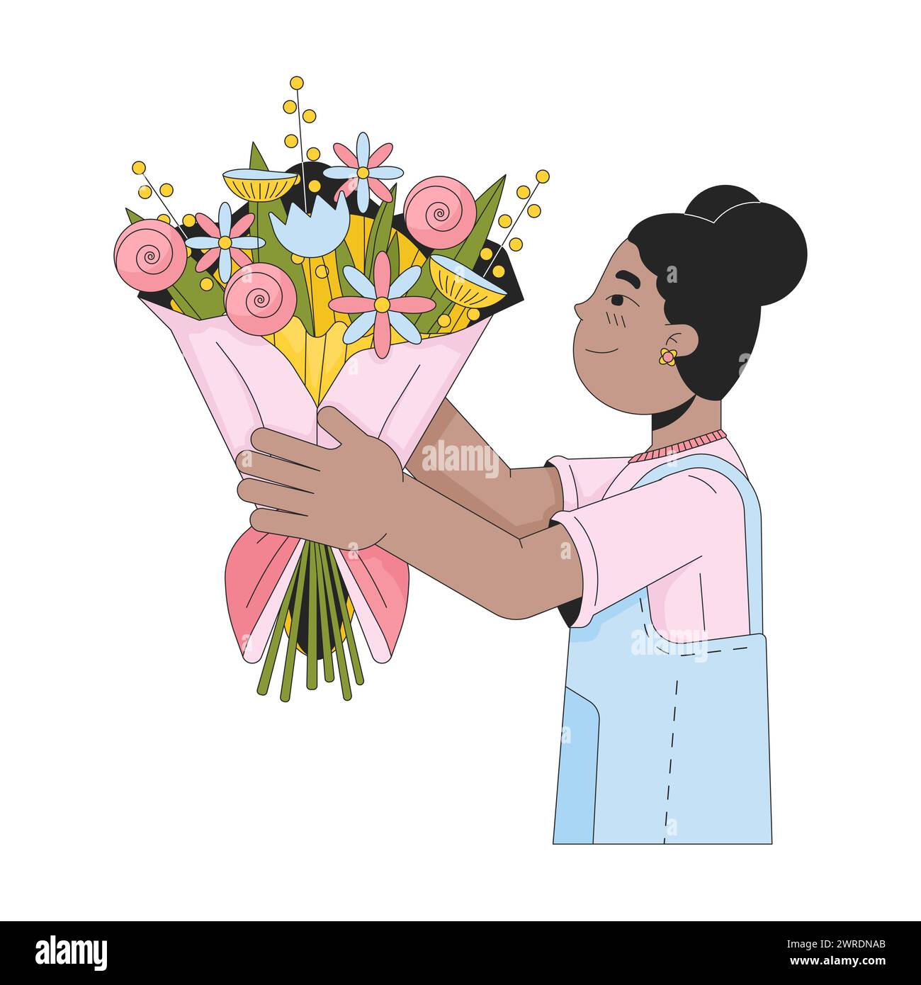 African American Girl Giving Flowers 2d Linear Cartoon Character Stock