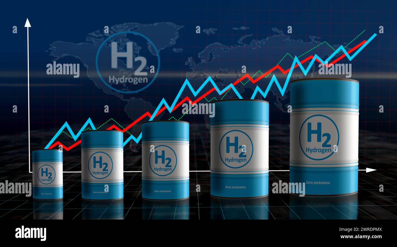 Hydrogen zero emissions fuel barrels on growing chart. Sustainable ...