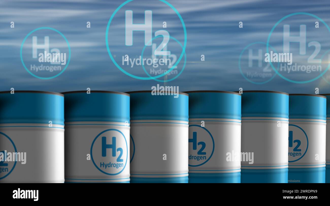 Hydrogen zero emissions fuel barrels in row concept. Sustainable energy ...
