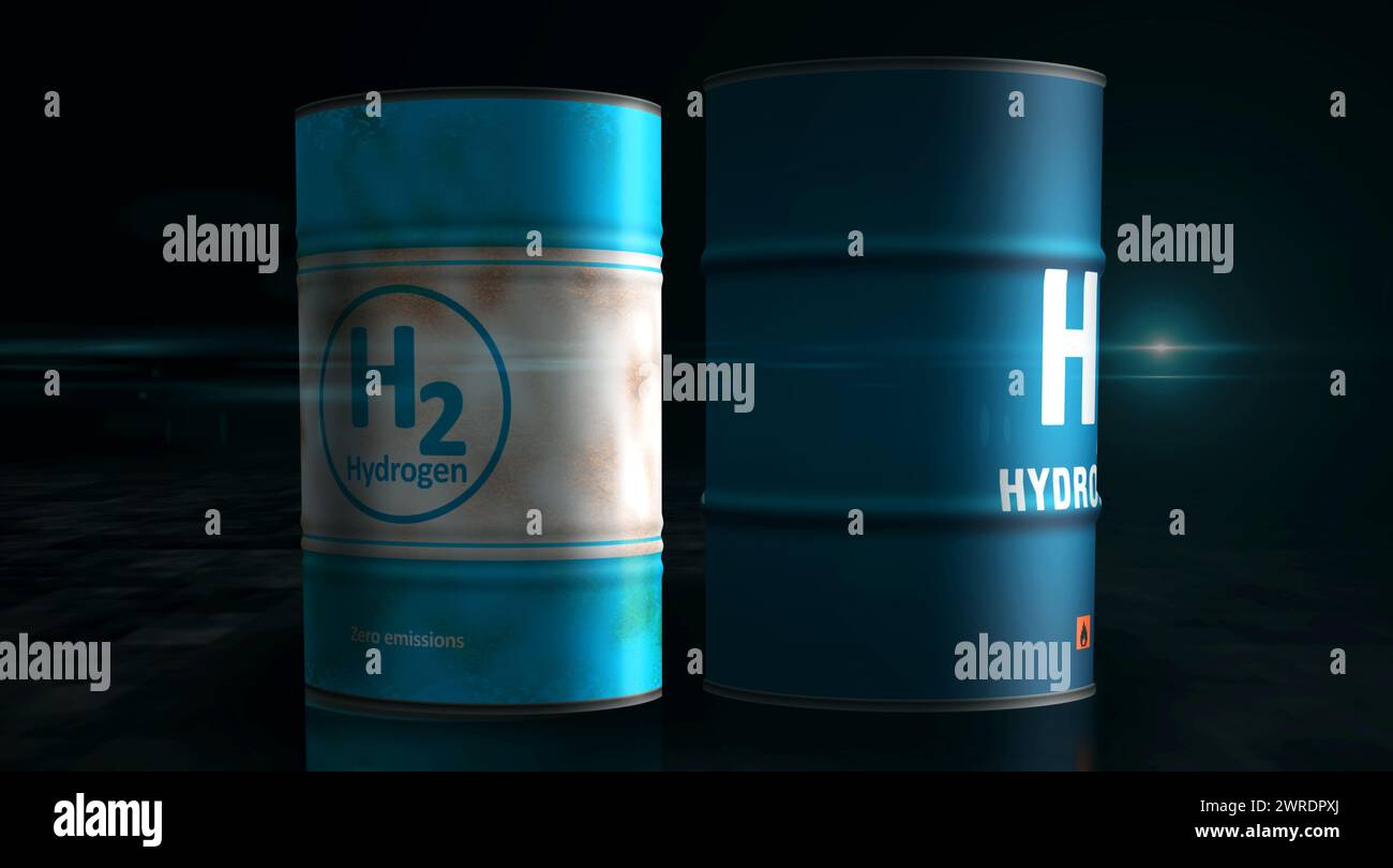 Hydrogen zero emissions fuel barrels in row concept. Sustainable energy ...