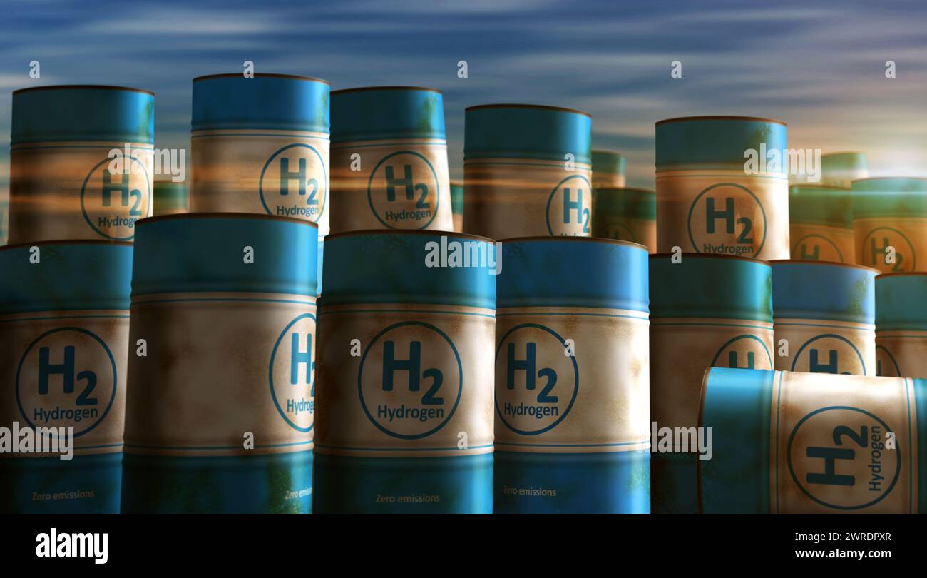 Hydrogen zero emissions fuel barrels in row concept. Sustainable energy ...