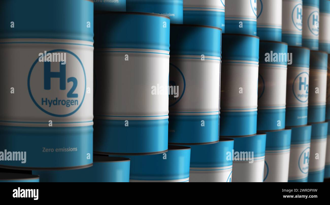 Hydrogen zero emissions fuel barrels in row concept. Sustainable energy ...