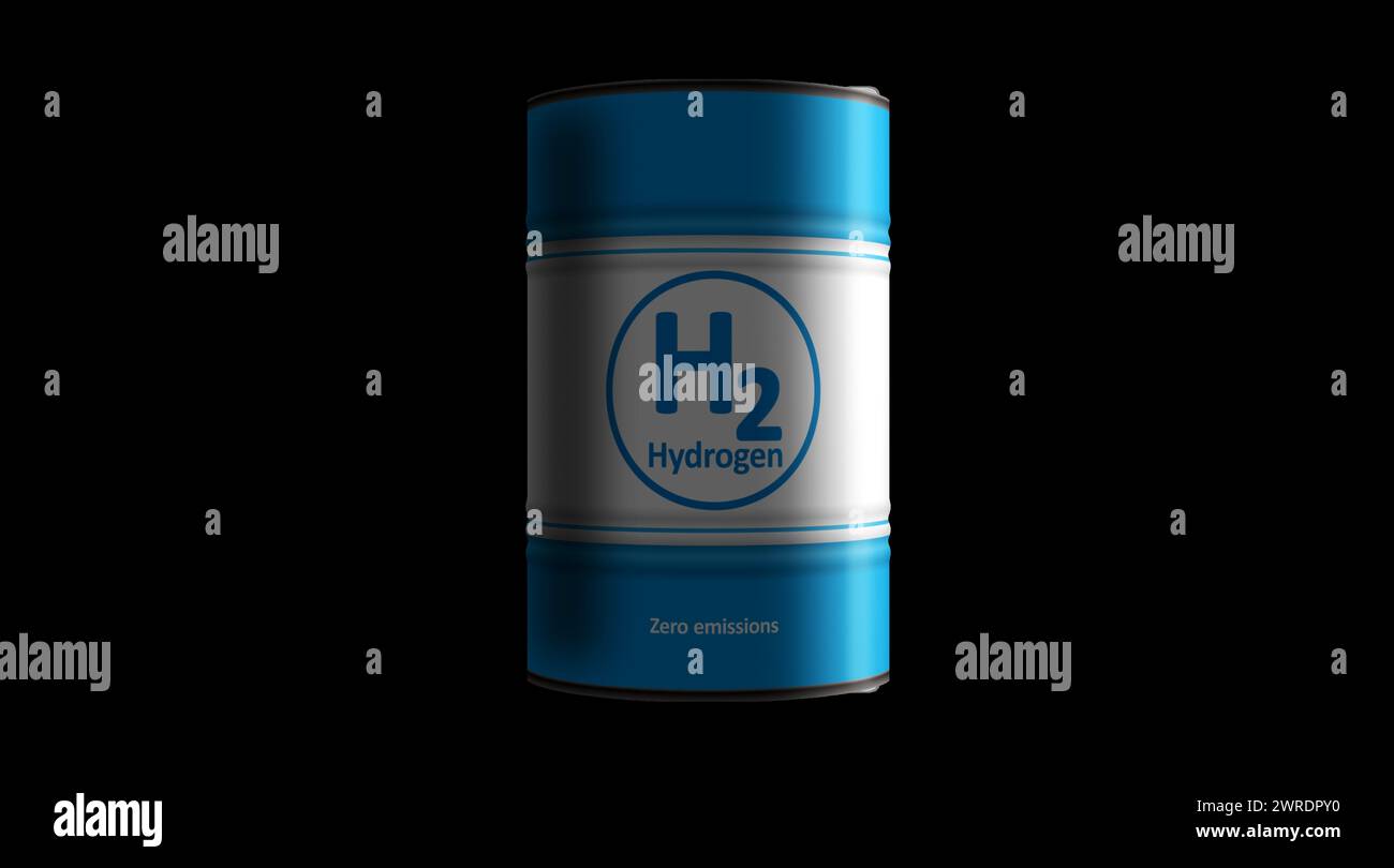 Hydrogen zero emissions fuel barrels in row concept. Sustainable energy ...