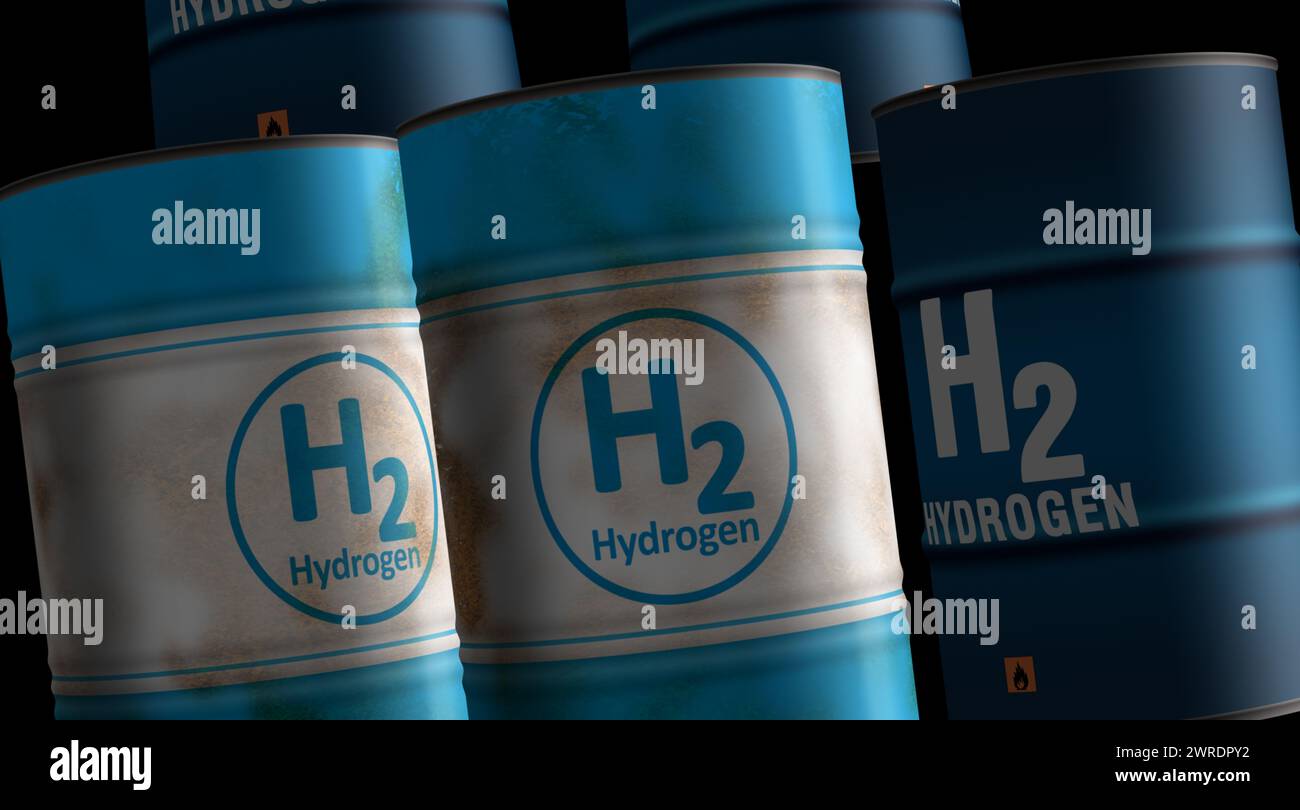 Hydrogen zero emissions fuel barrels in row concept. Sustainable energy ...