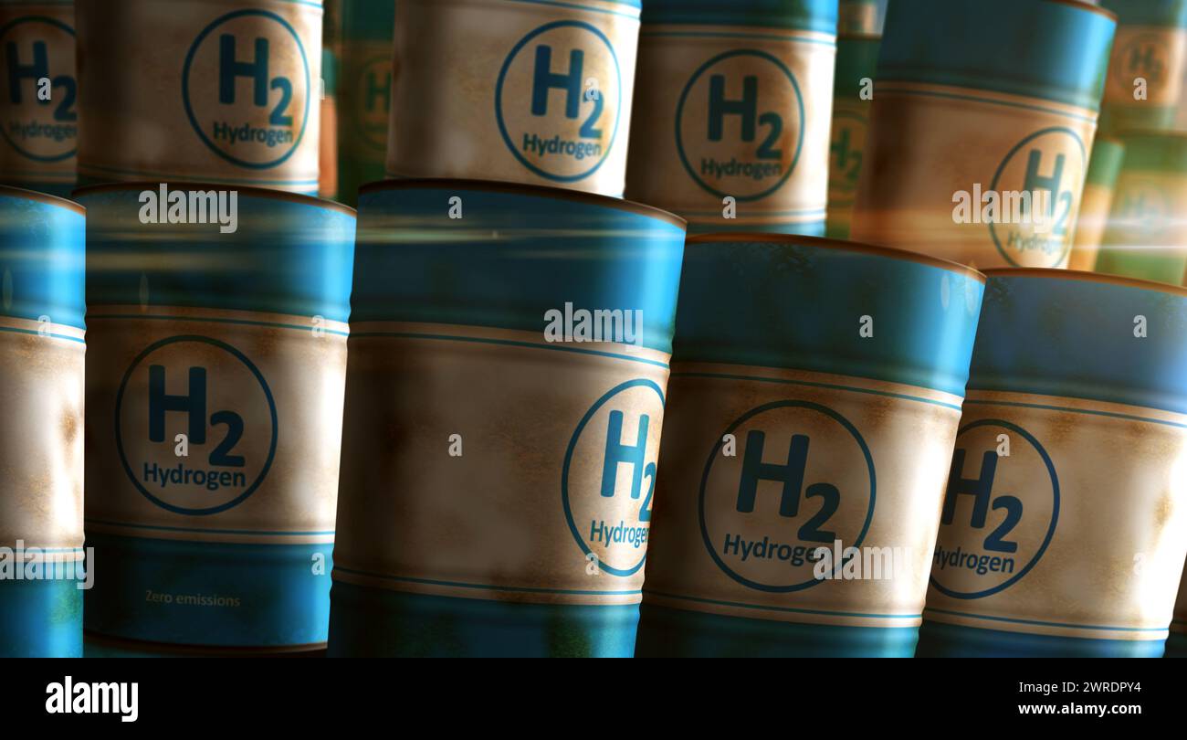 Hydrogen zero emissions fuel barrels in row concept. Sustainable energy ...