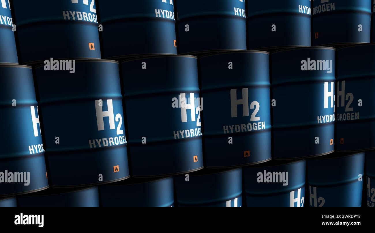 Hydrogen zero emissions fuel barrels in row concept. Sustainable energy ...