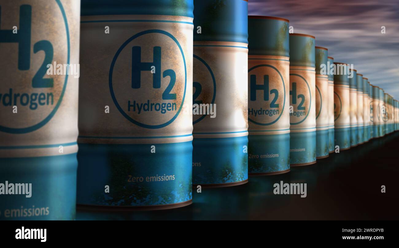 Hydrogen zero emissions fuel barrels in row concept. Sustainable energy ...