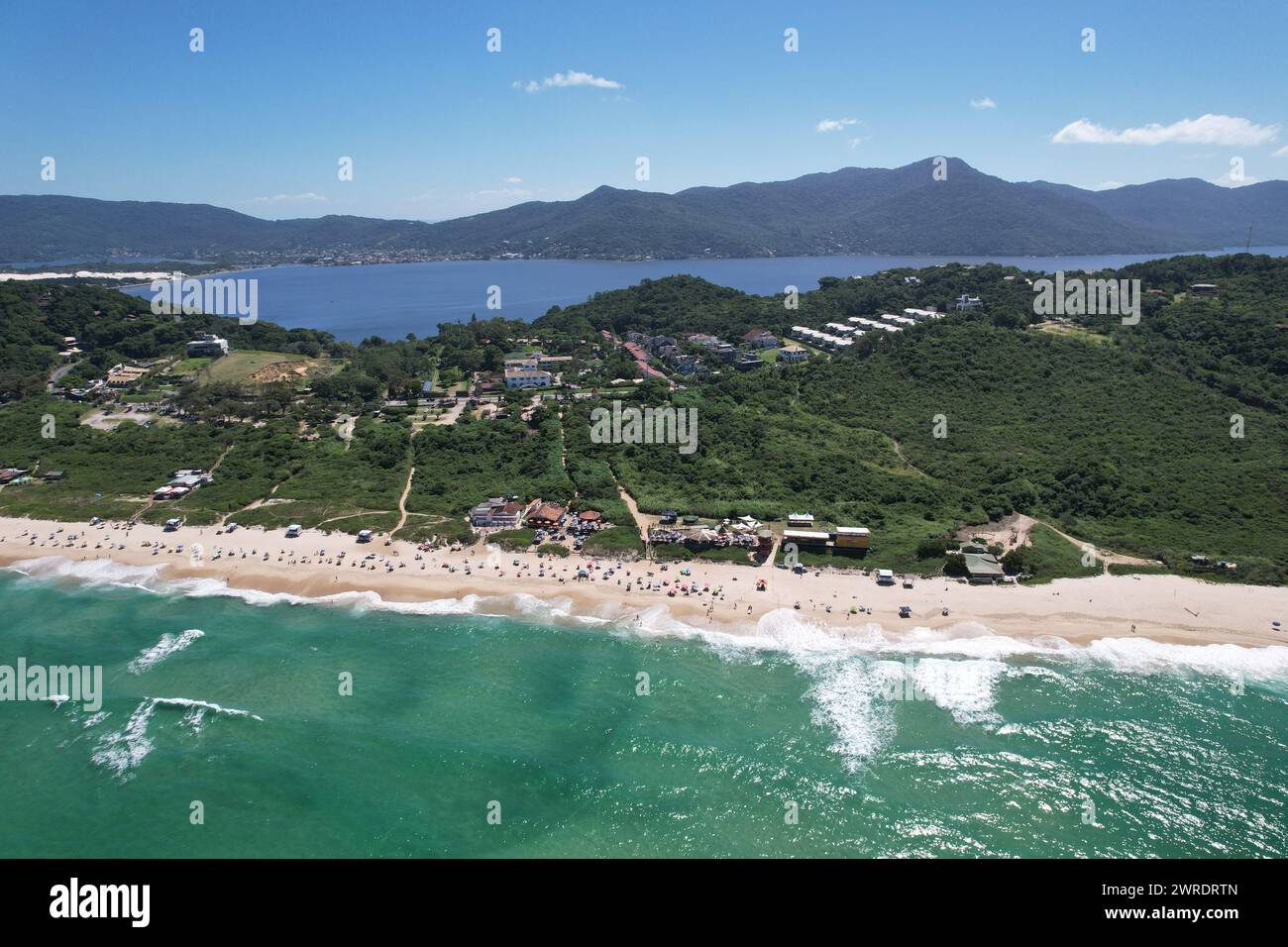 Mole beach aerial view, Florianopolis island, Santa Catarina. Conceicao ...