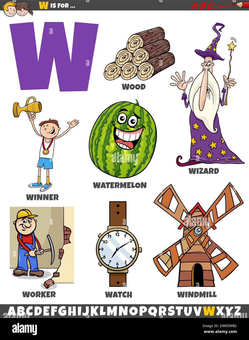 Cartoon illustration of objects and characters set for letter W Stock ...