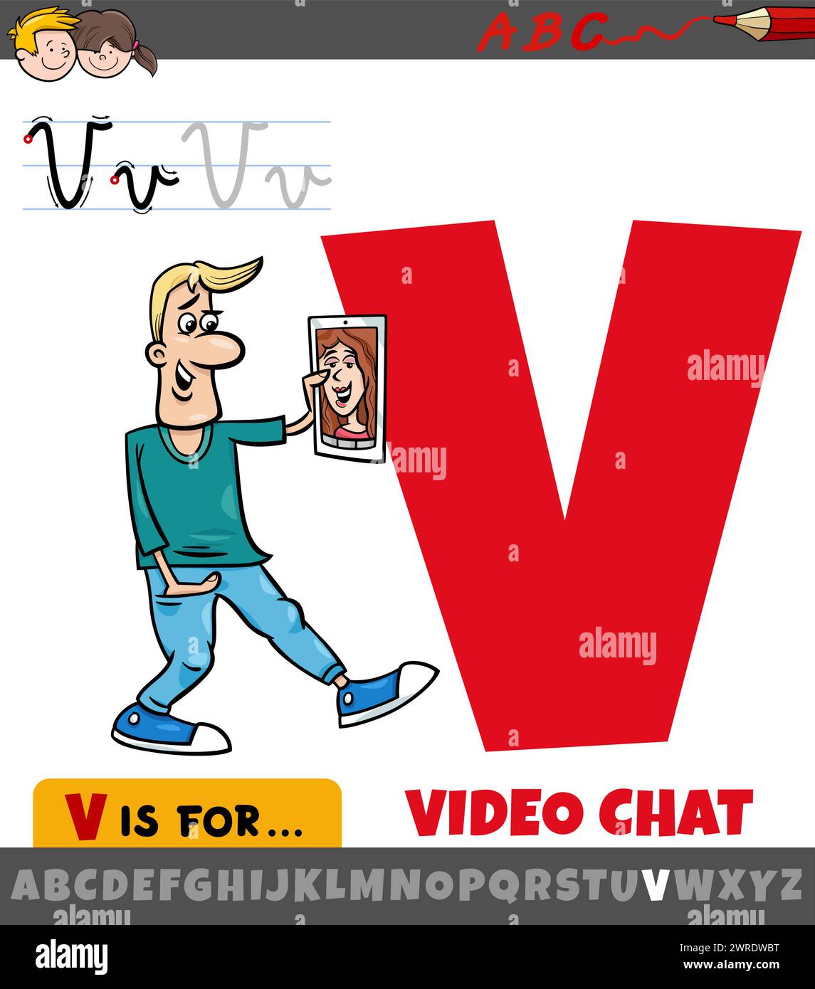 Educational cartoon illustration of letter V from alphabet with video ...