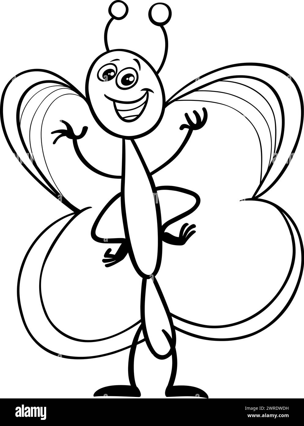 Black and white cartoon illustration of happy butterfly insect animal ...