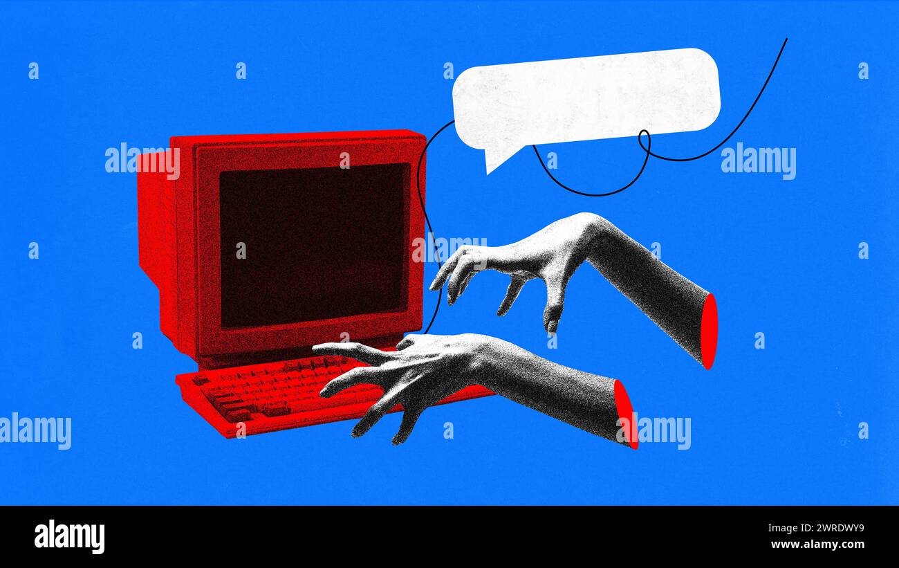 Poster. Contemporary art collage. Woman typing on message on computer ...