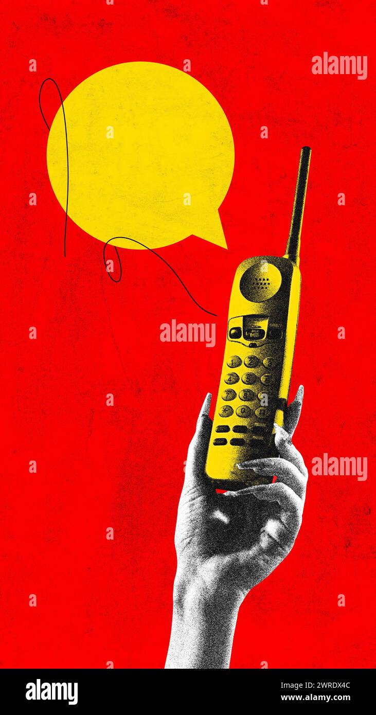 Poster. Contemporary art collage. Hand holds vintage landline telephone ...