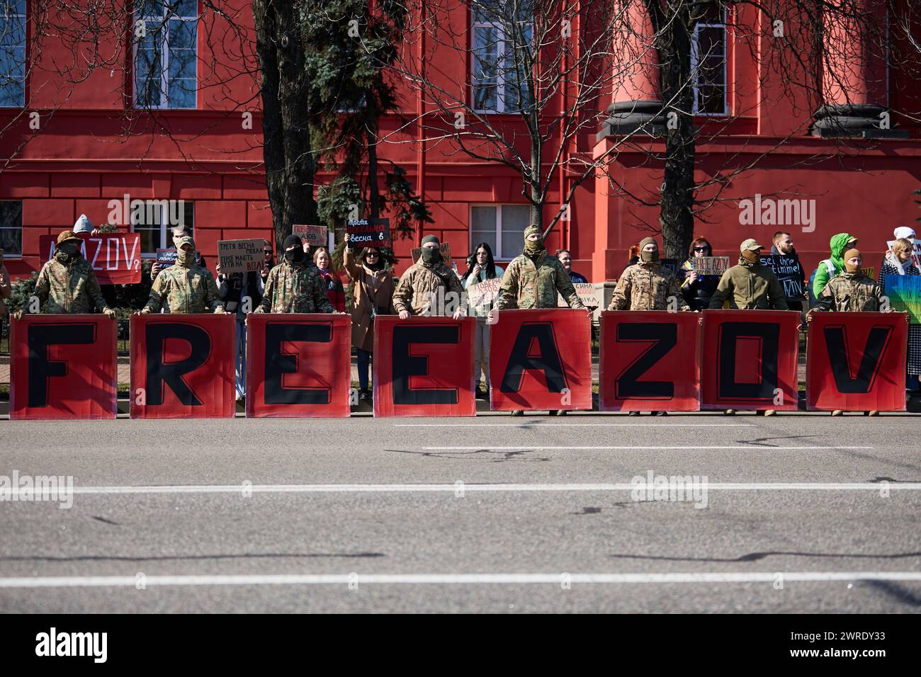 Ukrainian soldiers hold banner "Free Azov" on a demonstration for ...