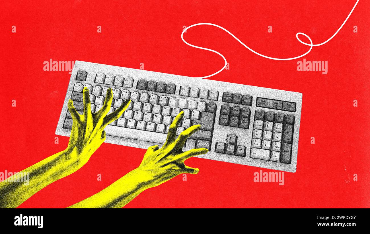 Poster. Contemporary art collage. Monochrome yellow hands typing on ...