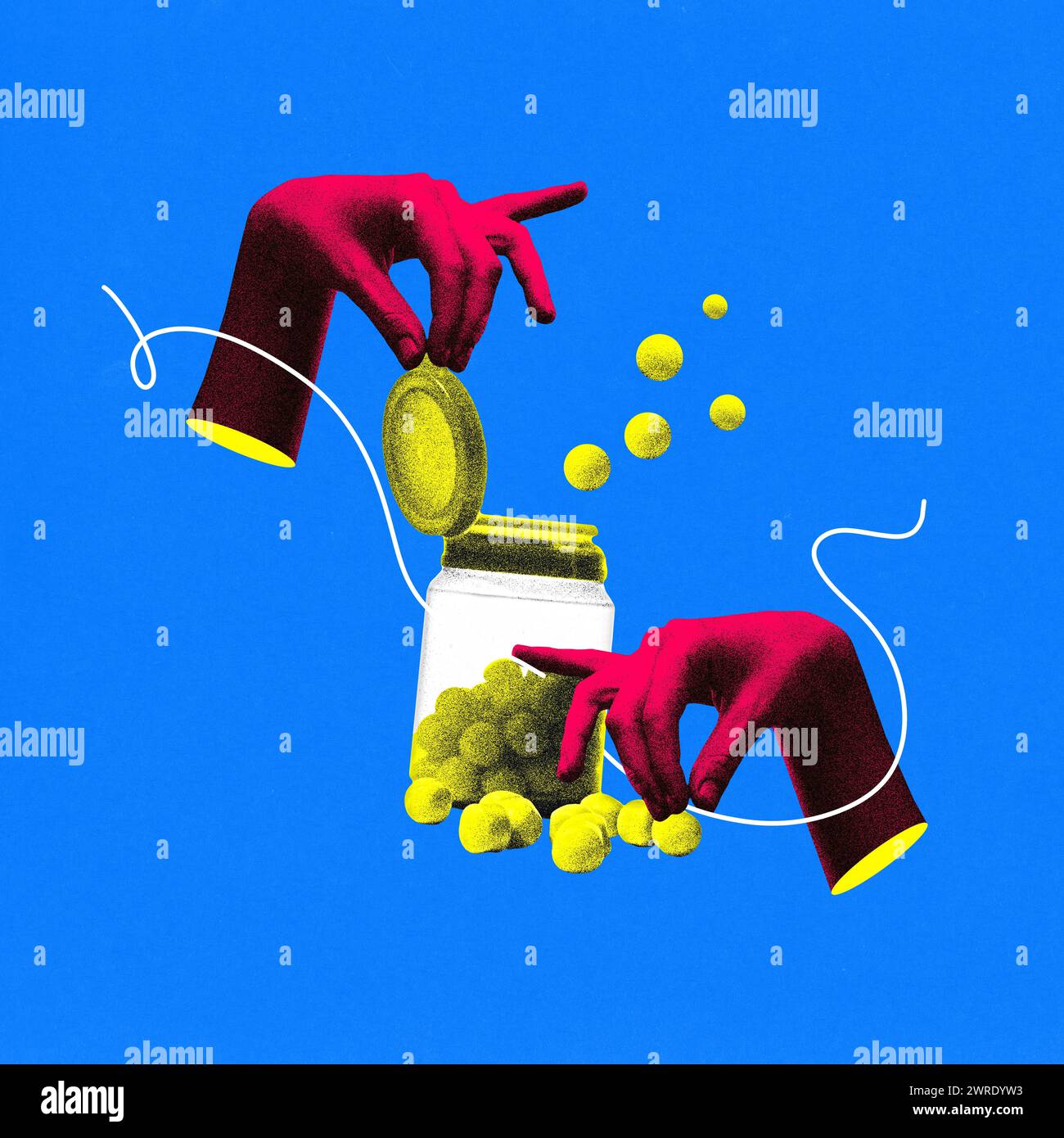 Poster. Contemporary art collage. Hands puts to bank yellow bubble gum ...