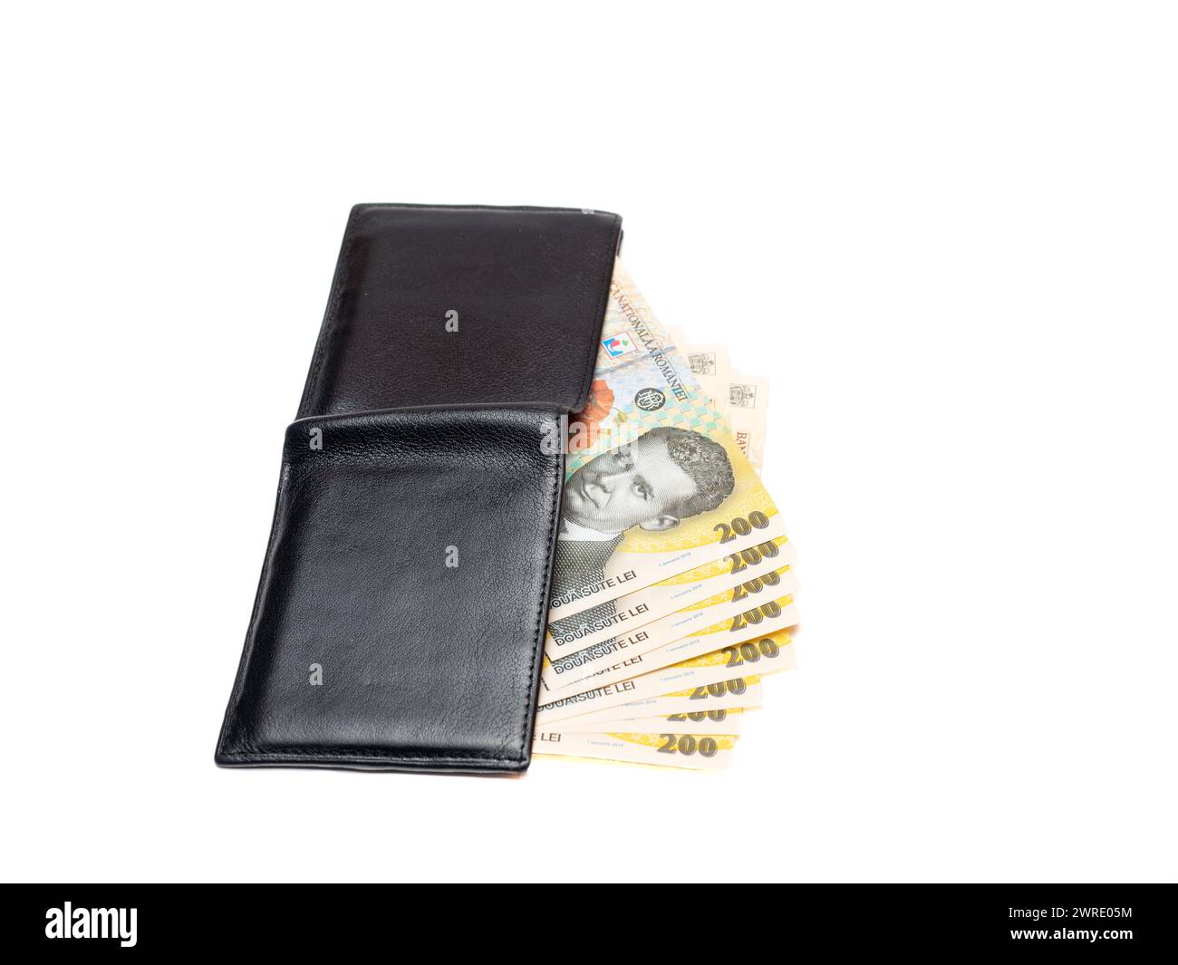 wallet with romanian curency on white background Stock Photo - Alamy