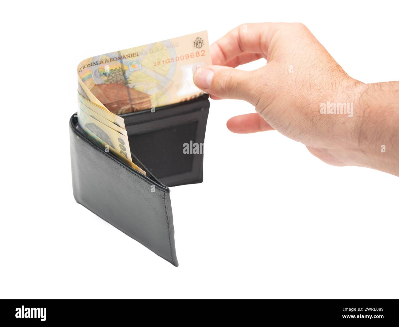 wallet with romanian curency on white background Stock Photo - Alamy