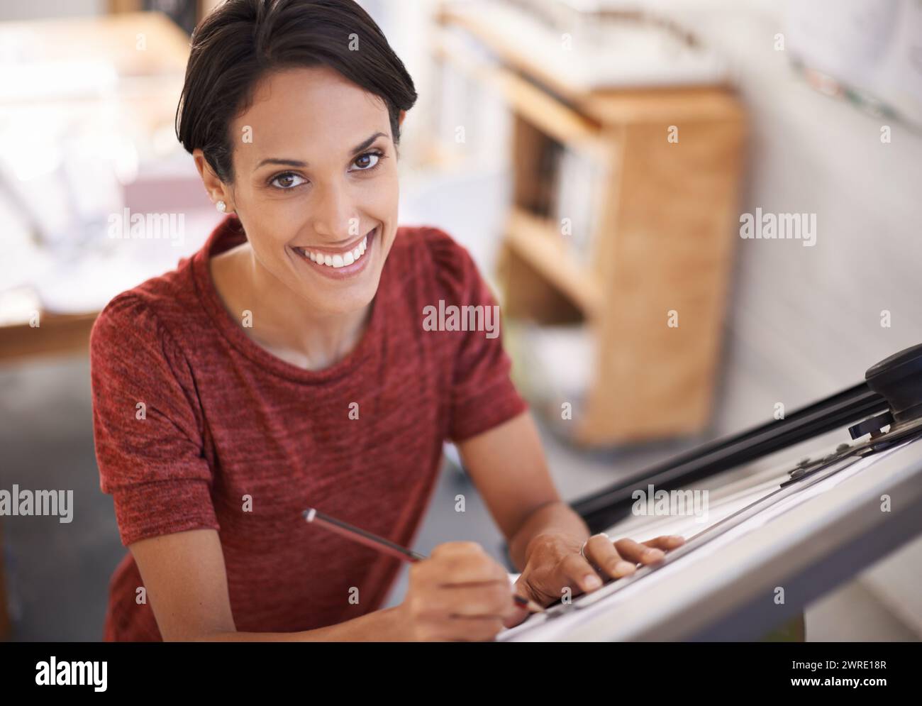 Woman, portrait with architect drawing and blueprint for construction ...