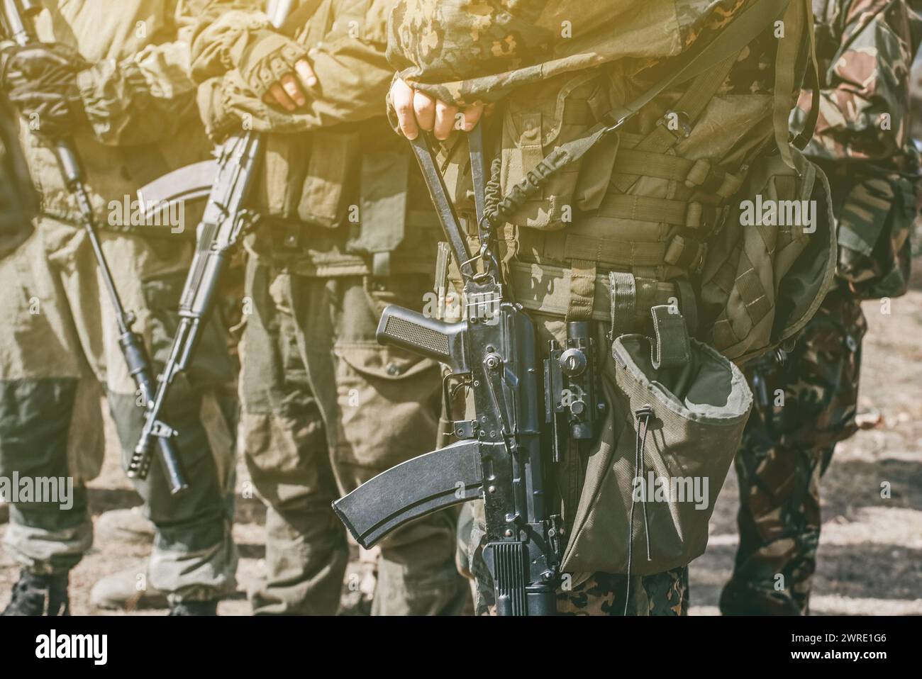 Soldiers with a gun in the hands of the patrol area. Conducting ...