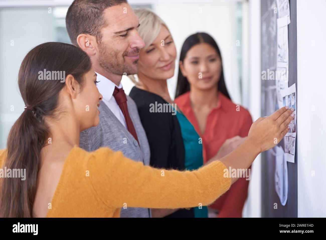 Creative people, chalkboard and storyboard with team for planning ...