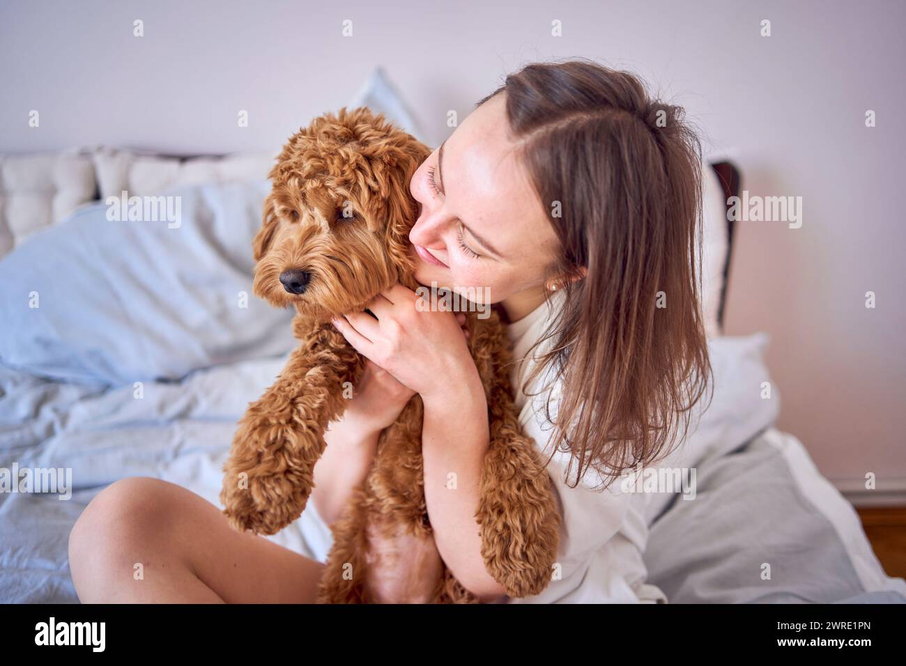 a young woman playing and kissing cockapoo girl on bed, minimalism Stock Photo - Alamy