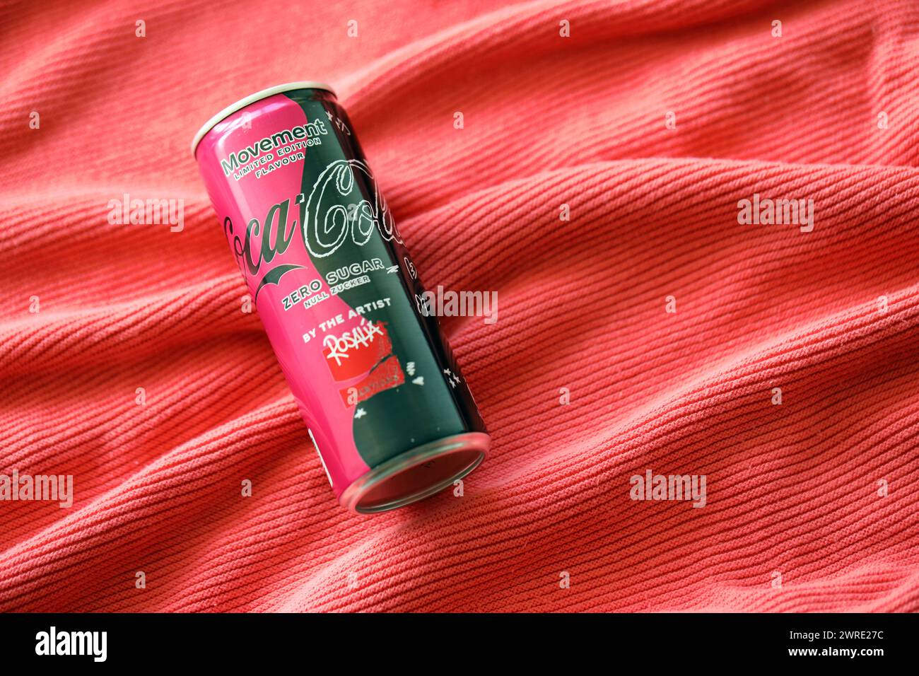 KYIV, UKRAINE - JULY 7, 2023 Coca-Cola zero sugar can with Rosalia ...
