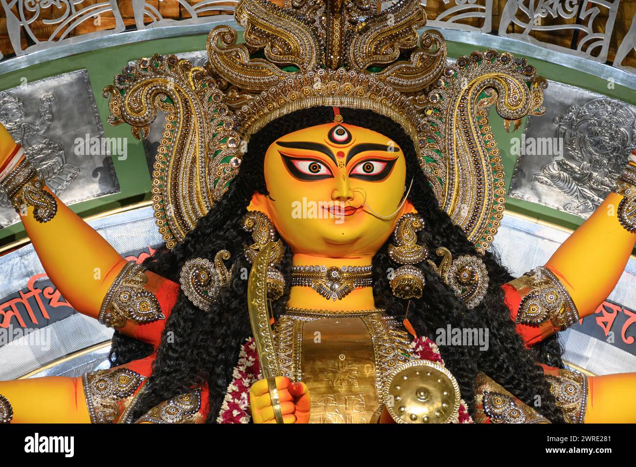 Idol of Goddess Devi Durga at a decorated puja pandal in Kolkata, West ...