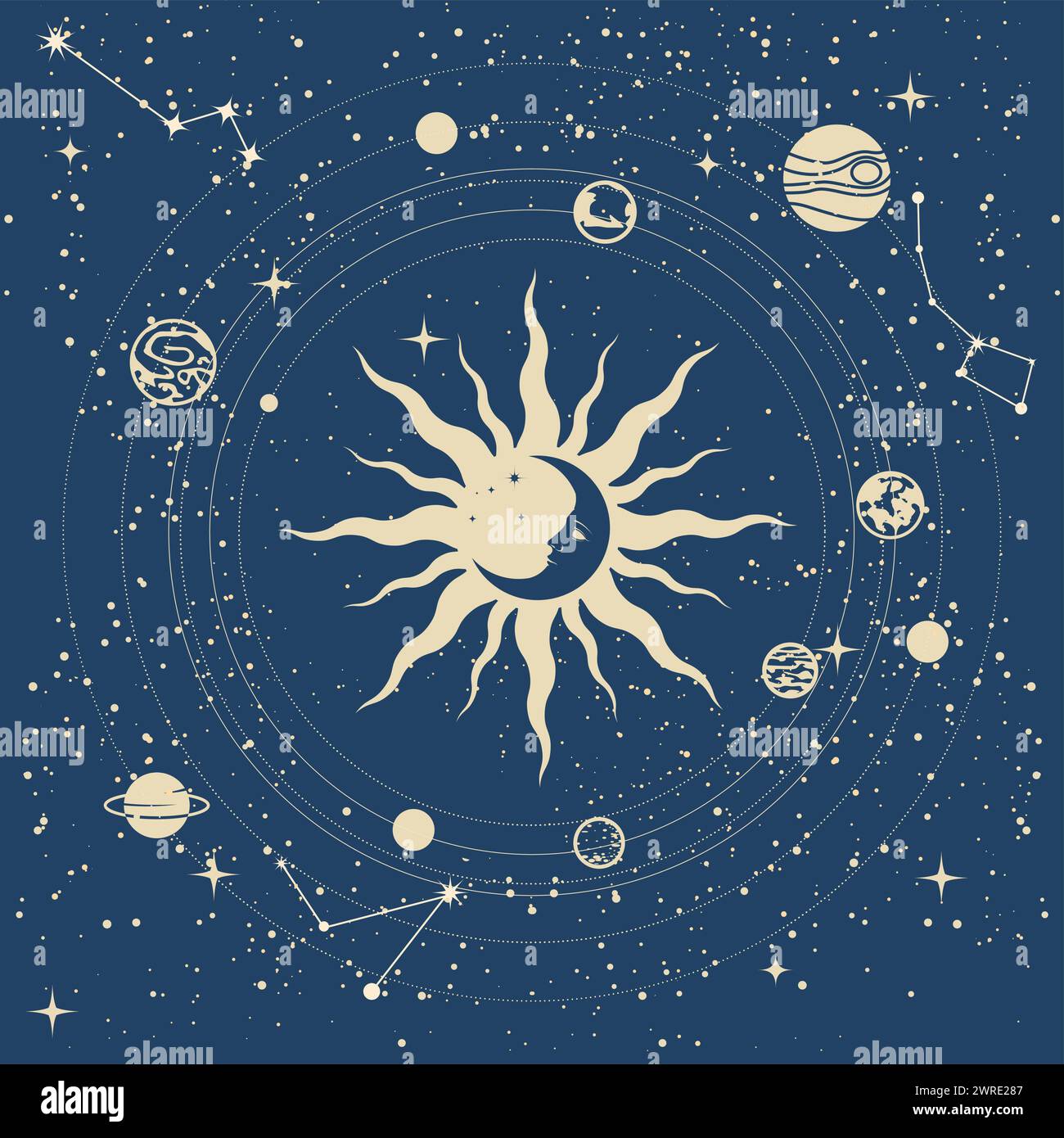 Magic universe, galaxy, orbiting planets around the sun, night sky ...