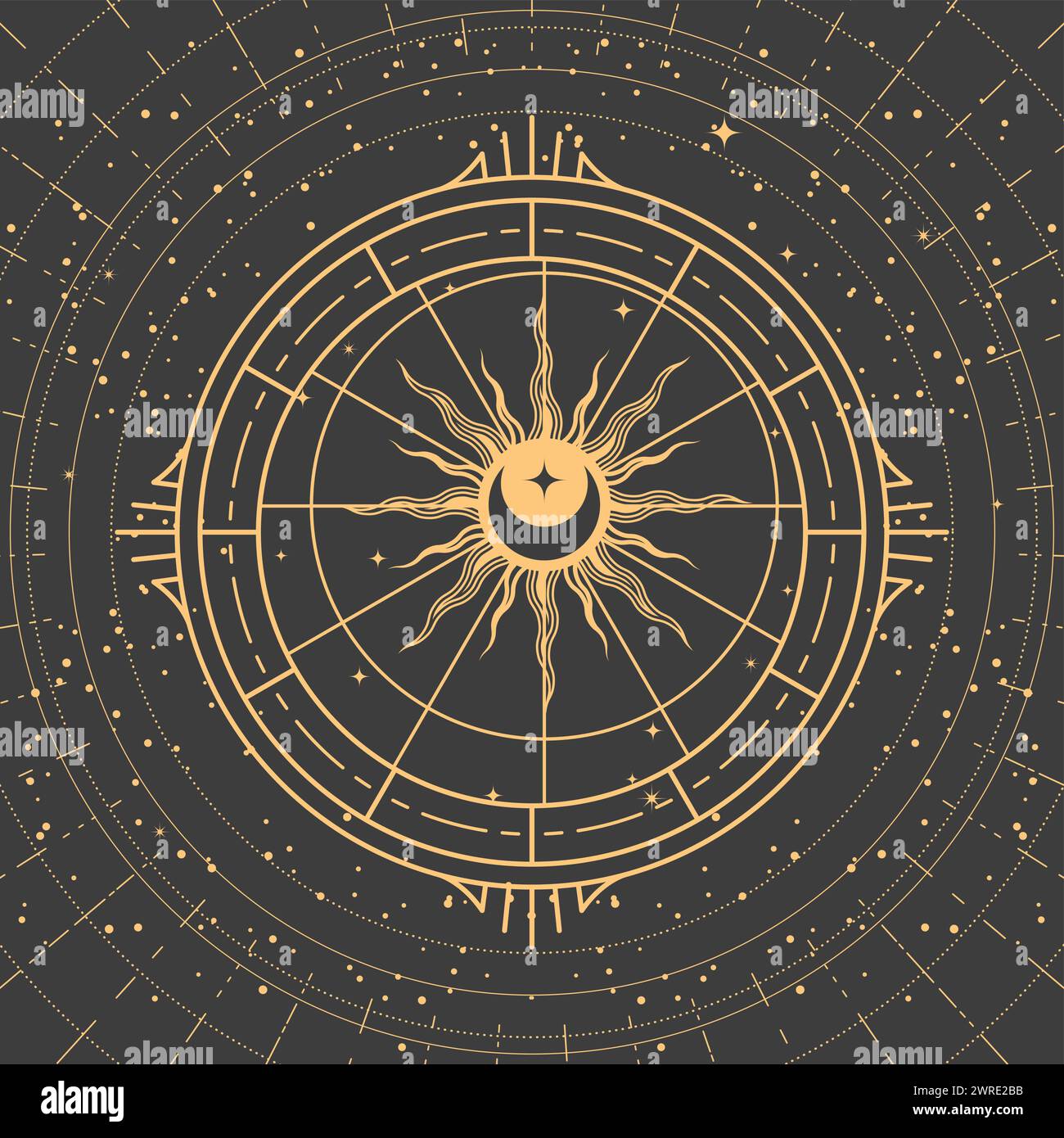 Esoteric compass, sun and moon inside ornamental frame, four corners of ...
