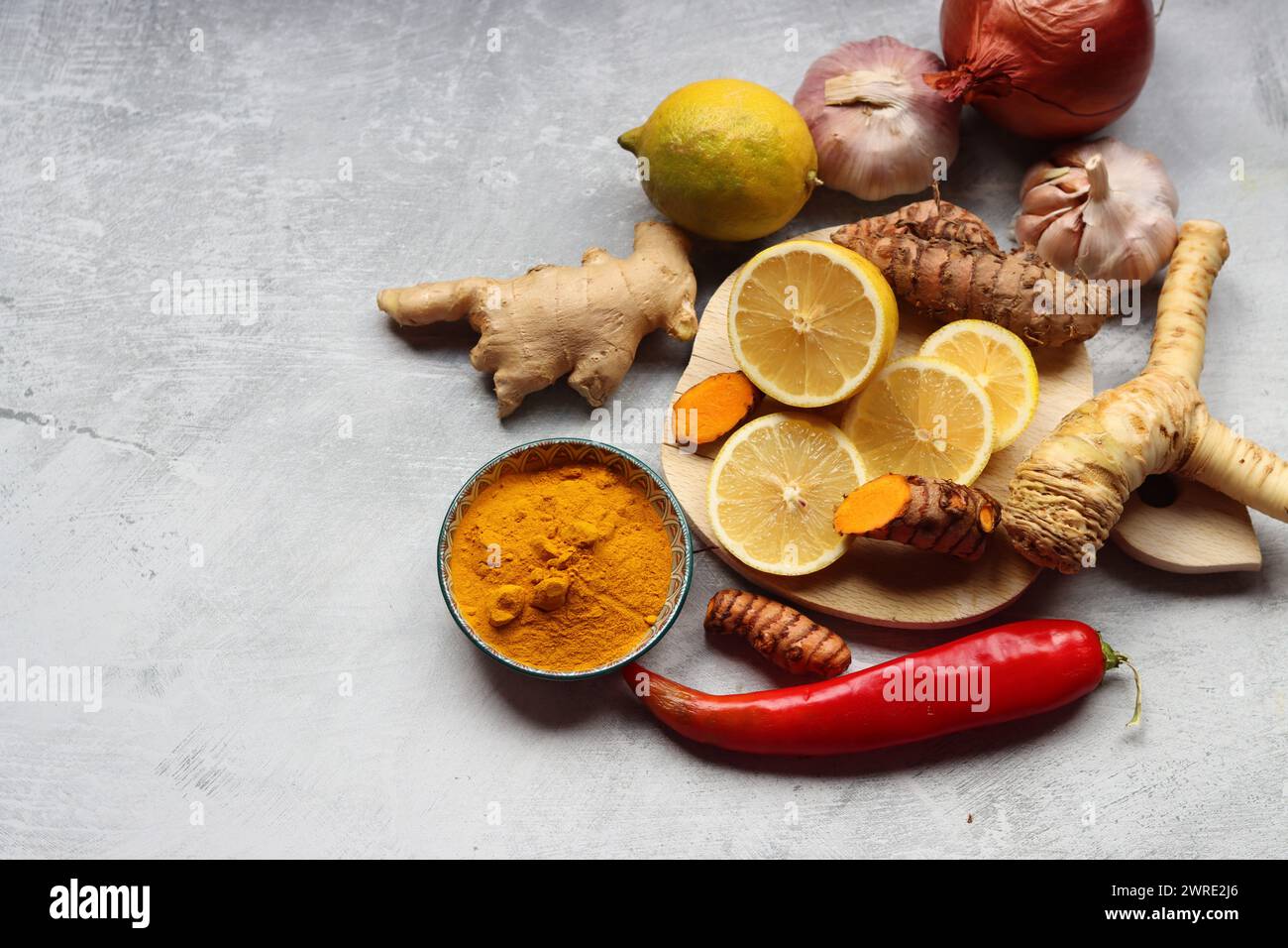 Boosting immune system concept. Herbal remedy ingredients on a table ...