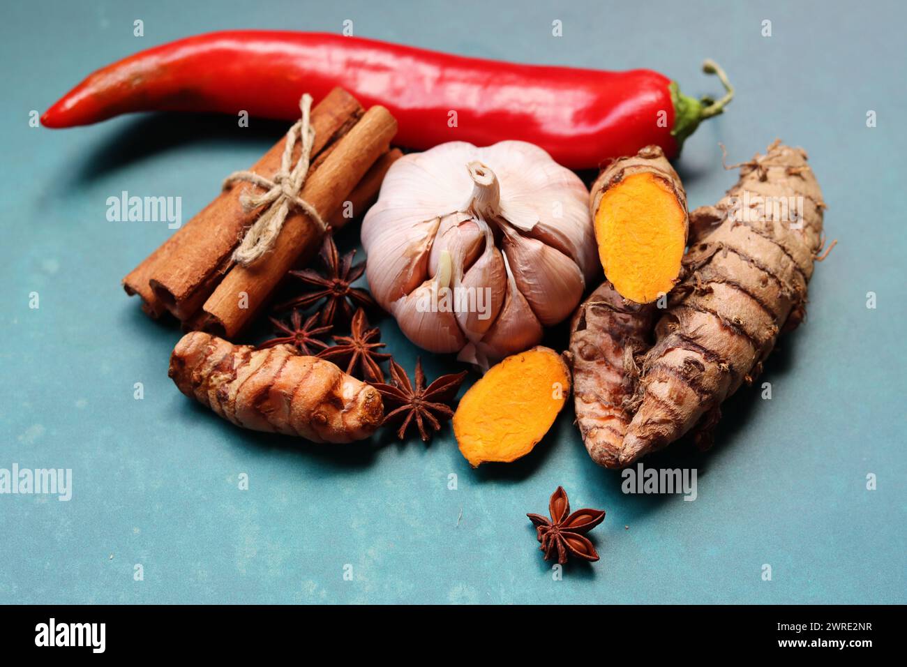 Homemade remedy ingredients top view photo. Ginger, lemon, cinnamon ...