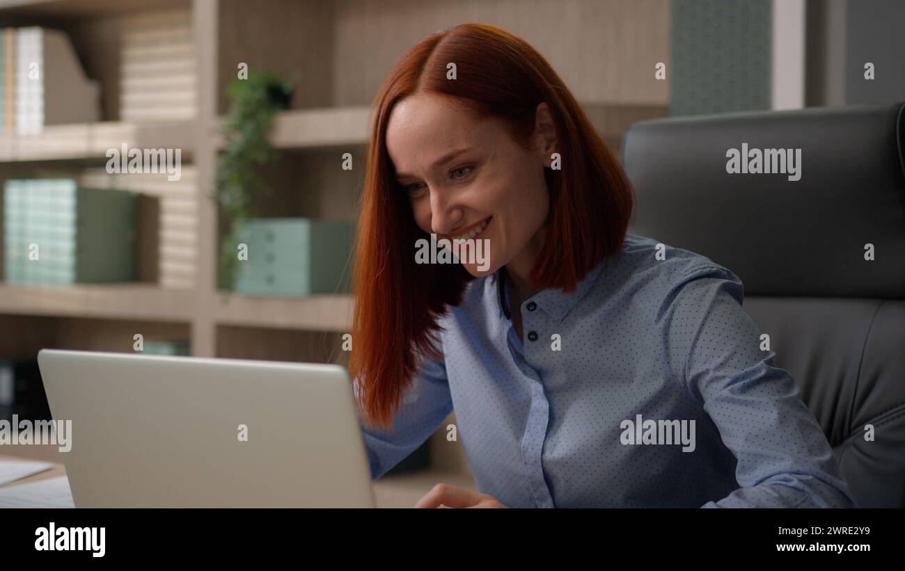 Happy satisfied busy Caucasian business woman at office workplace girl ...