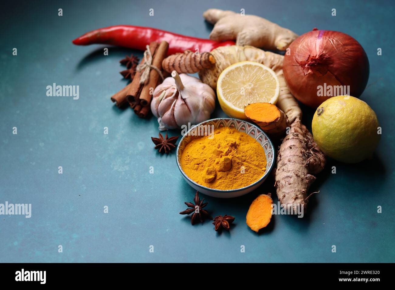 Boosting immune system concept. Herbal remedy ingredients on a table ...