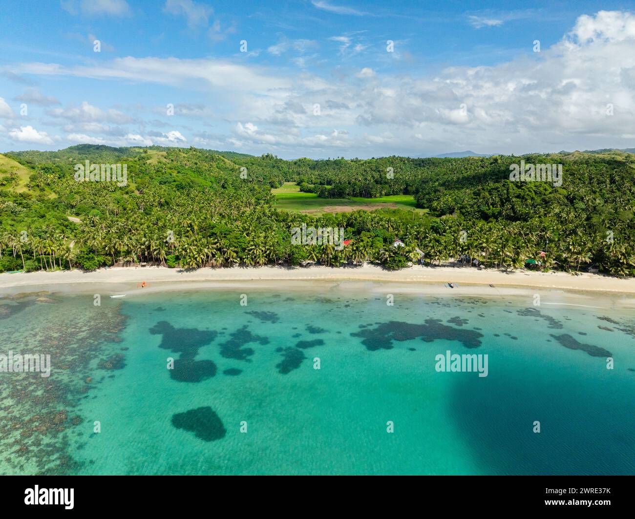 Beach resort with coconut trees and white sand. Blue sky and clouds ...