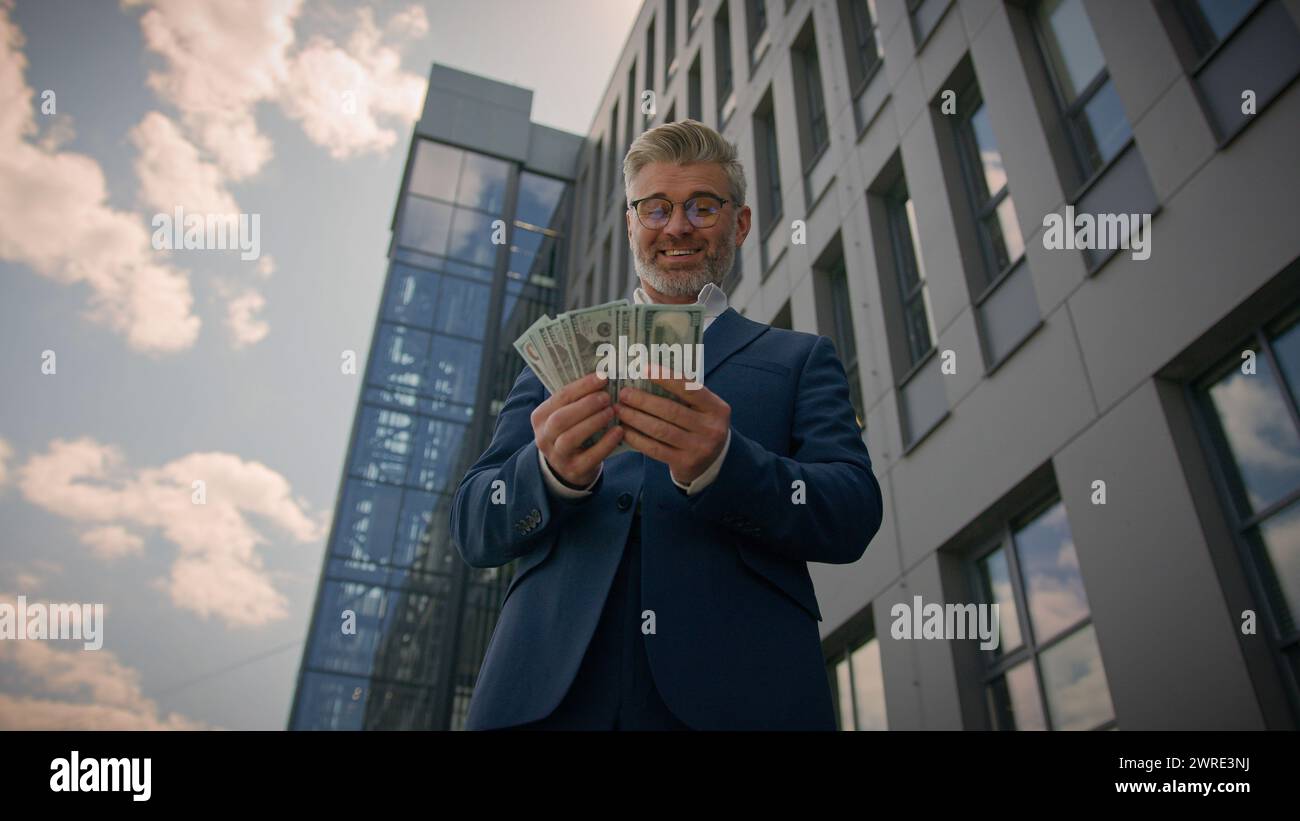 Happy joyful success rich wealthy old senior Caucasian man mature ...