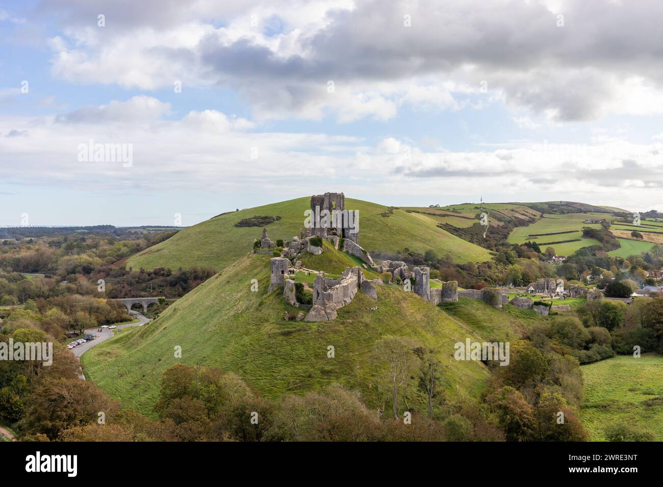 Distant view of Corfe Castle in Autumn. Dorset, England, UK Stock Photo ...