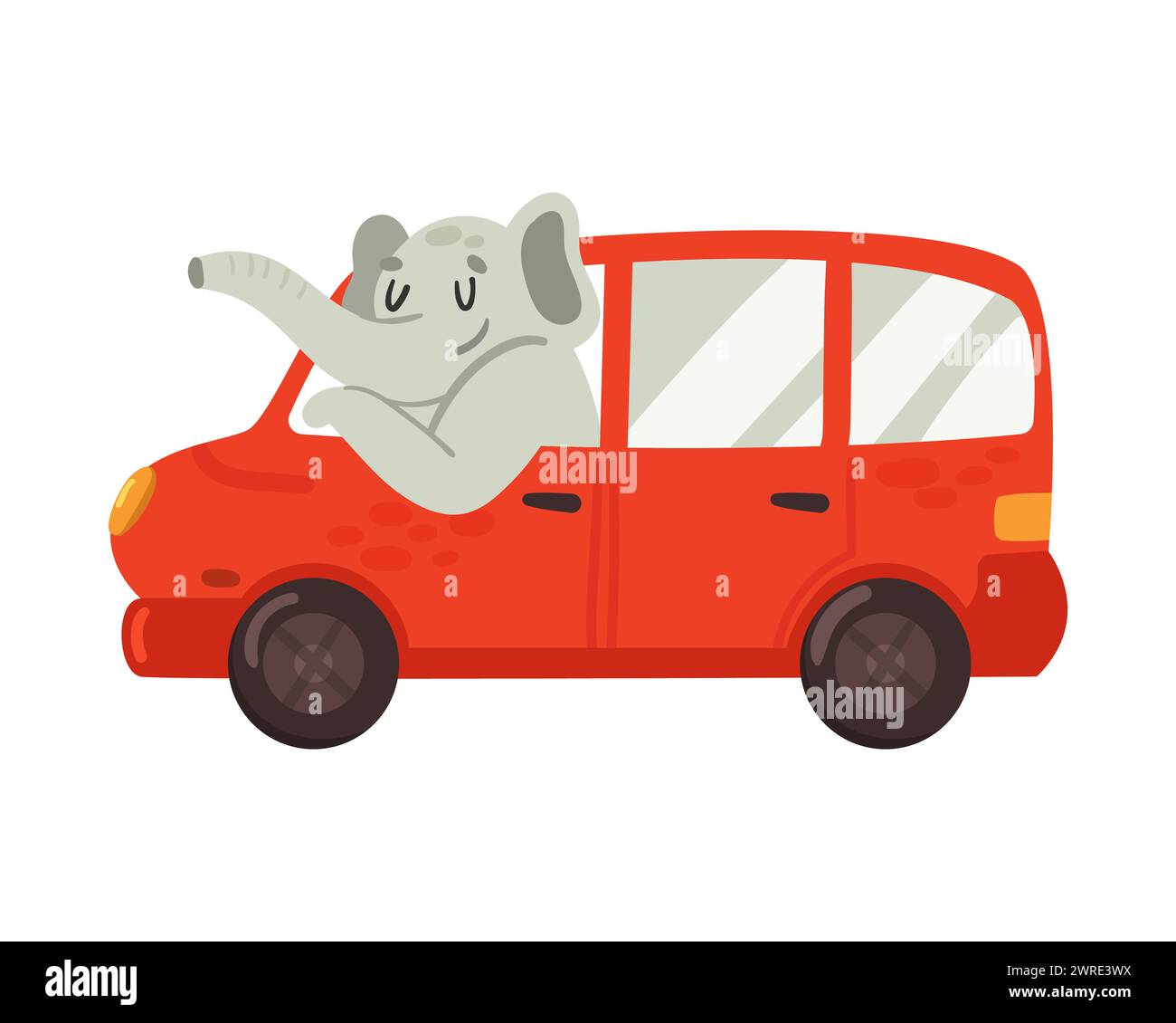 Elephant driving a car. Animal using transport, funny wild driver flat ...