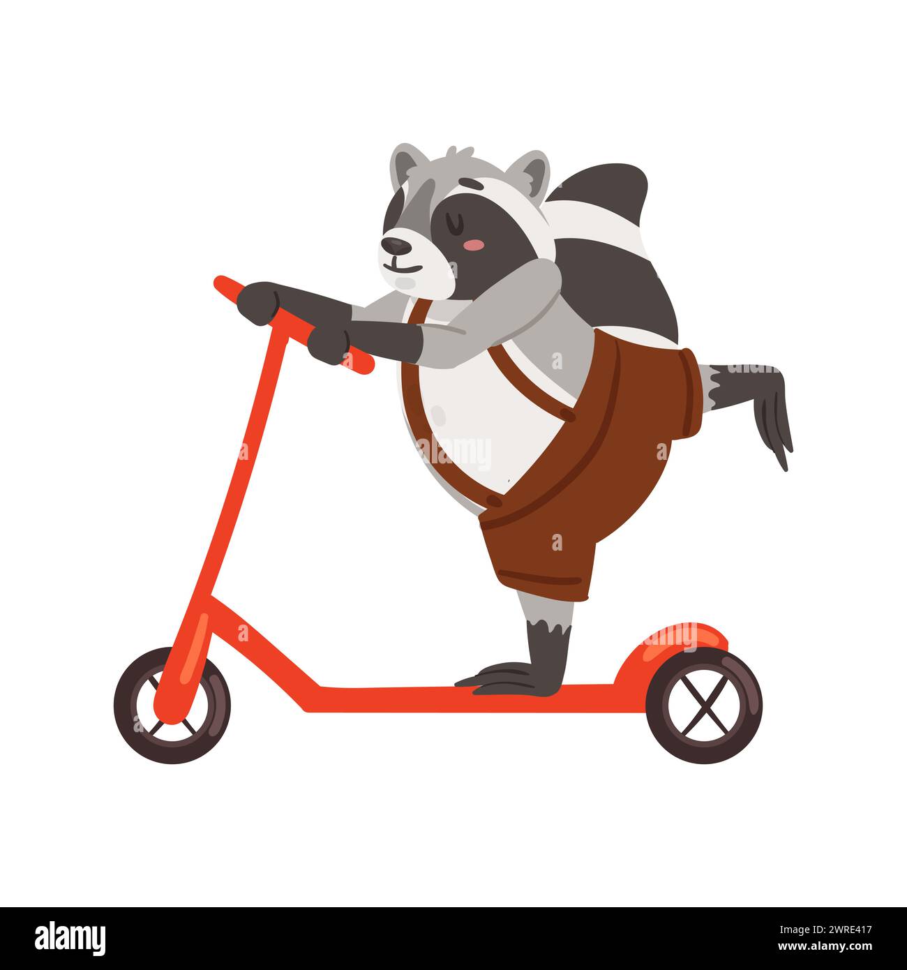 Raccoon riding scooter. Animal using transport, funny wild driver flat ...