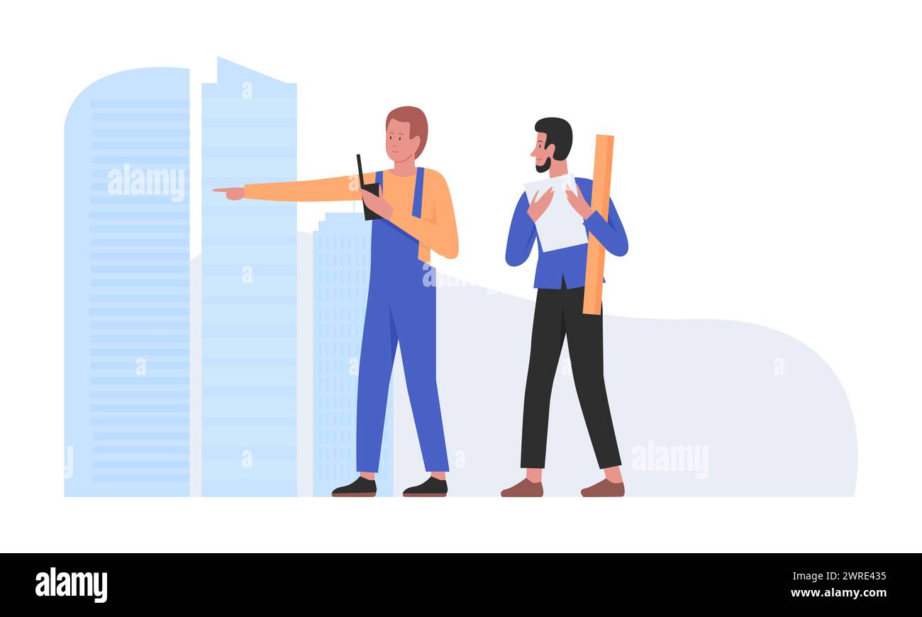 Architect worker with builder. Construction project plan, building team ...
