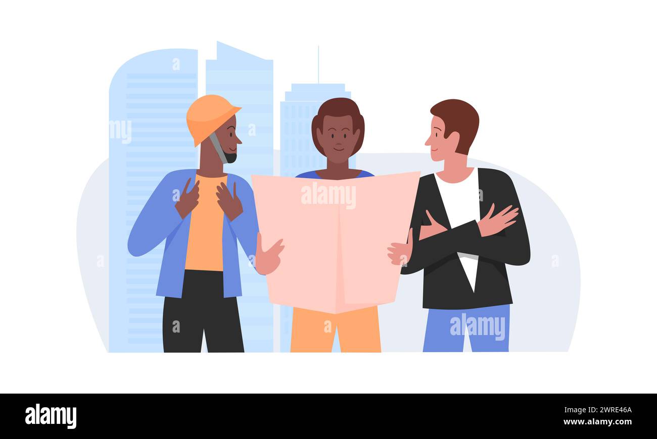 Architects and constructors team. Building project workers, industrial ...