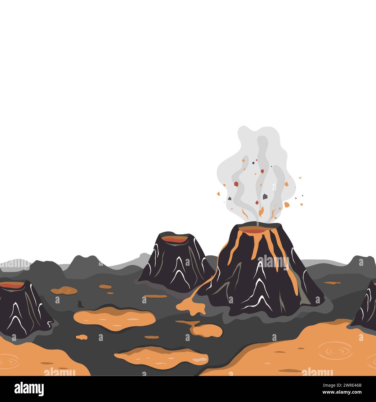 Prehistoric landscape with volcanoes, smoke, and lava lakes. Horizontal ...
